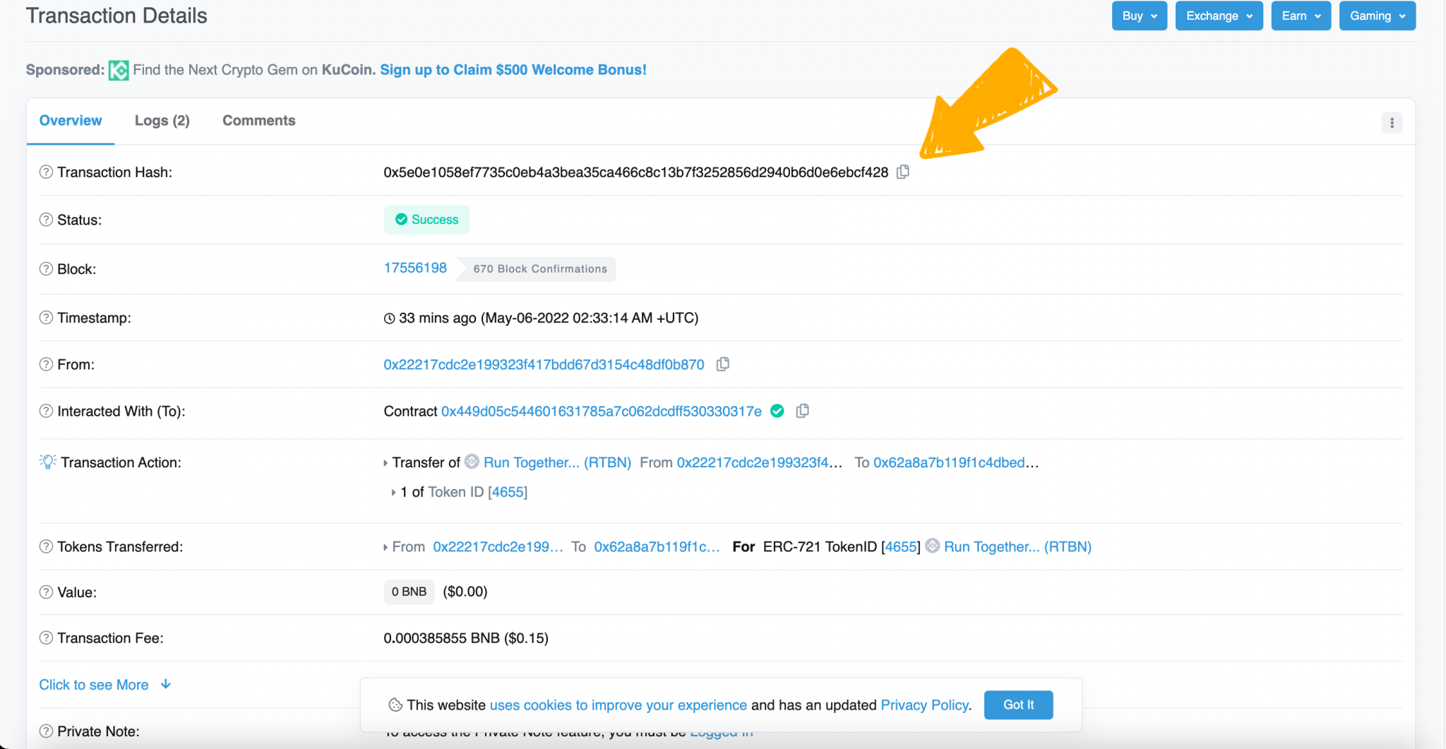 How to get NFT transaction code on BSCscan? - BAMI